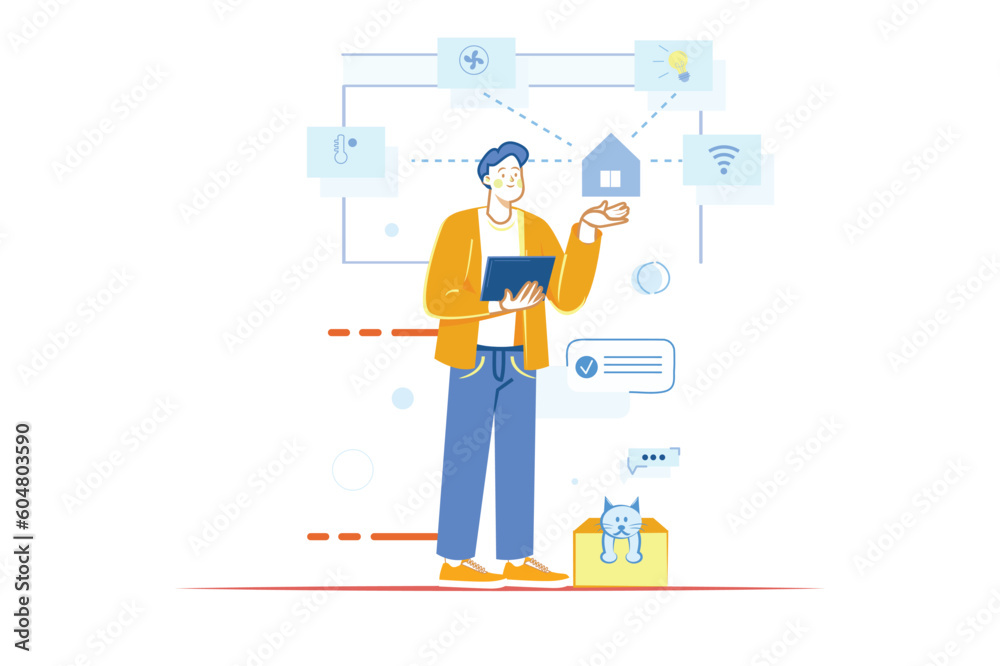 Concept Smart home with people scene in the flat cartoon style. A man ...