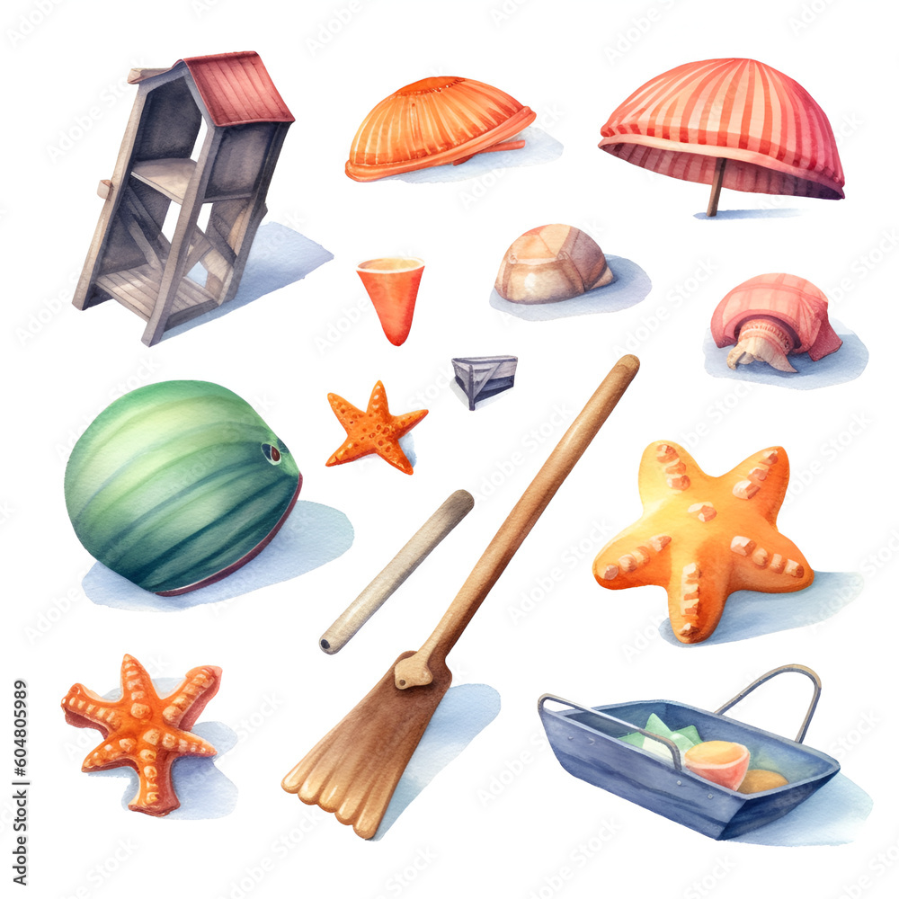 10 beach related objects watercolor set. Sprite sheet. AI generated ...