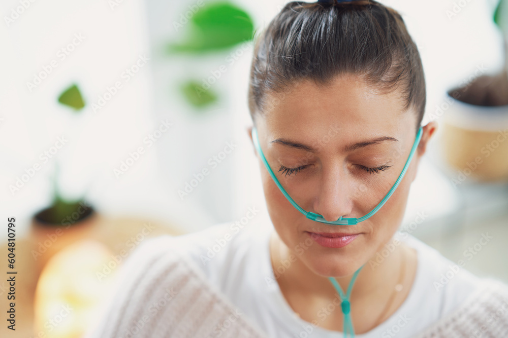 Picture of woman having molecular hydrogen inhalation Stock Photo ...