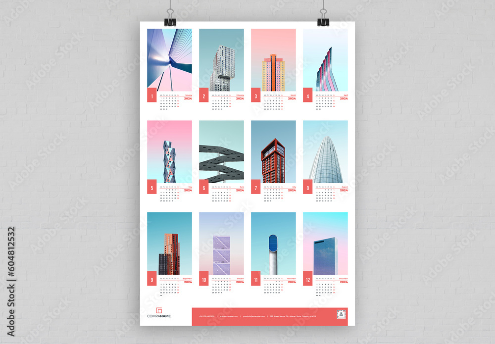 Calendar 2024 Poster Layout with Pink Accents Stock Template | Adobe Stock