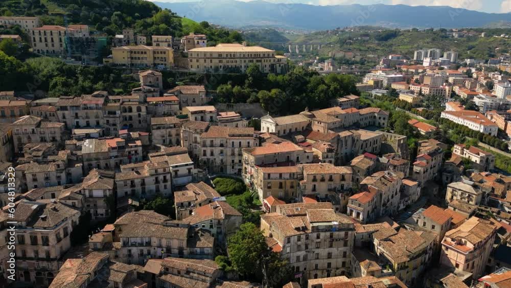 This aerial drone video shows the city of Cosenza. Cosenza is the ...
