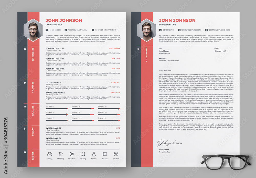 Resume and Cover Letter Layout with Pink Accents Stock Template | Adobe ...