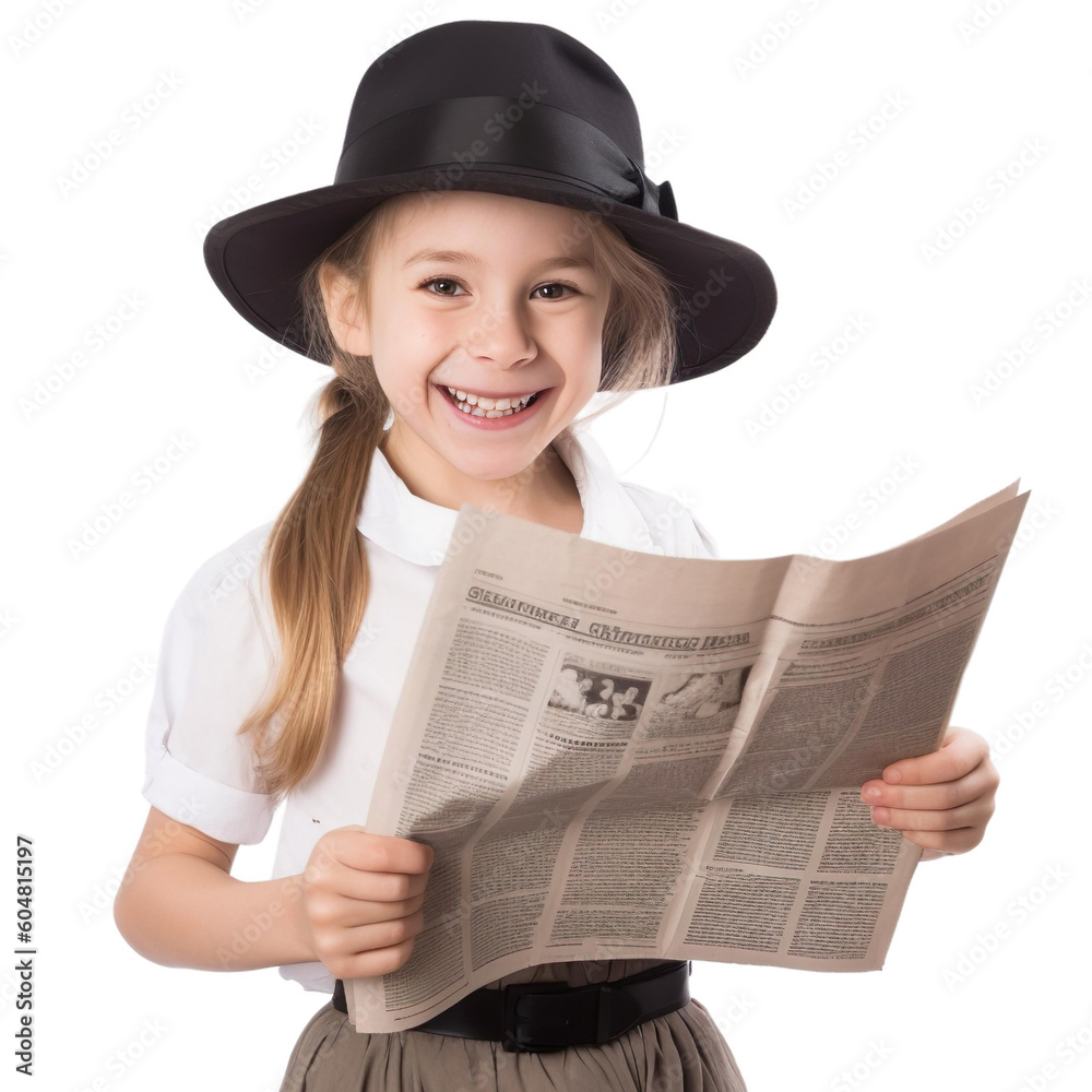 Child girl dressed as Journalist showing thumbs up isolatedon ...