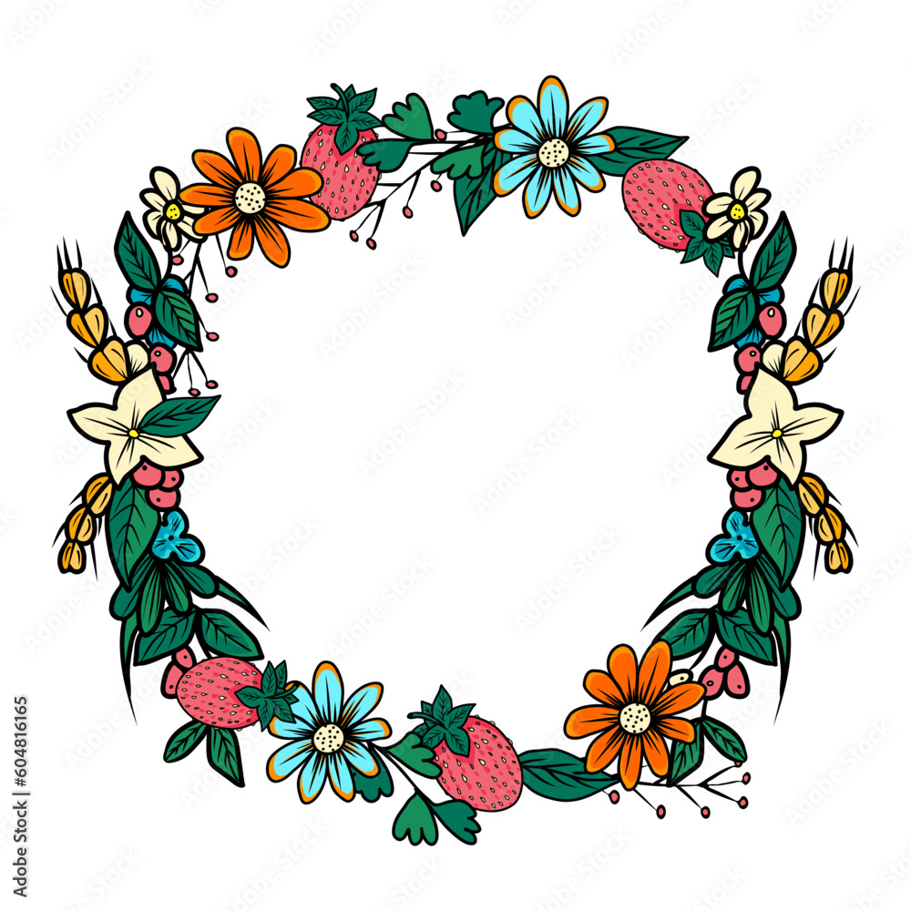 Happy Midsummer greeting poster. Floral wreath with strawberries ...