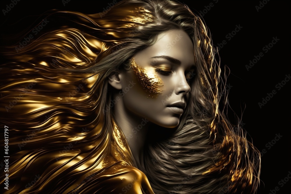Model girl with golden make-up and long golden hair, on a black ...