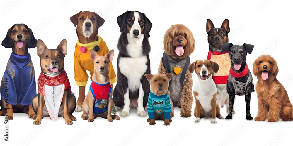 Different types and sizes of dogs group with clothing. AI generated ...