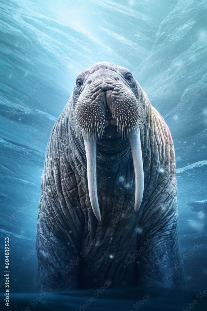 An abstract illustration of a frozen walrus, with its massive tusks and wrinkled skin covered in ...