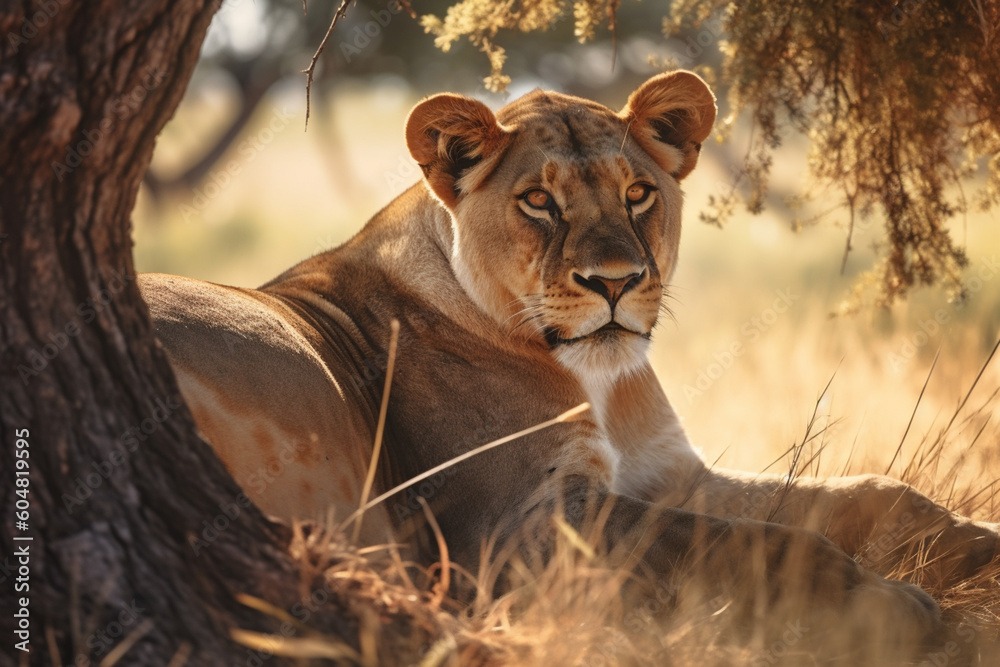 lioness in the African savannah, showcasing her power and grace as she ...