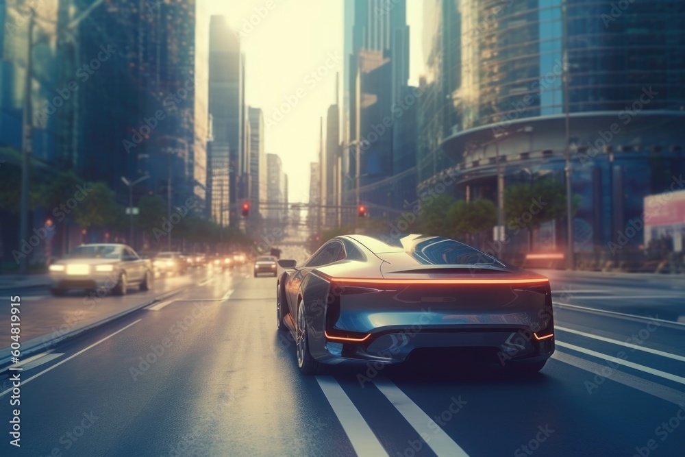 A self driving car navigating through city. Technology iot. Smart city ...
