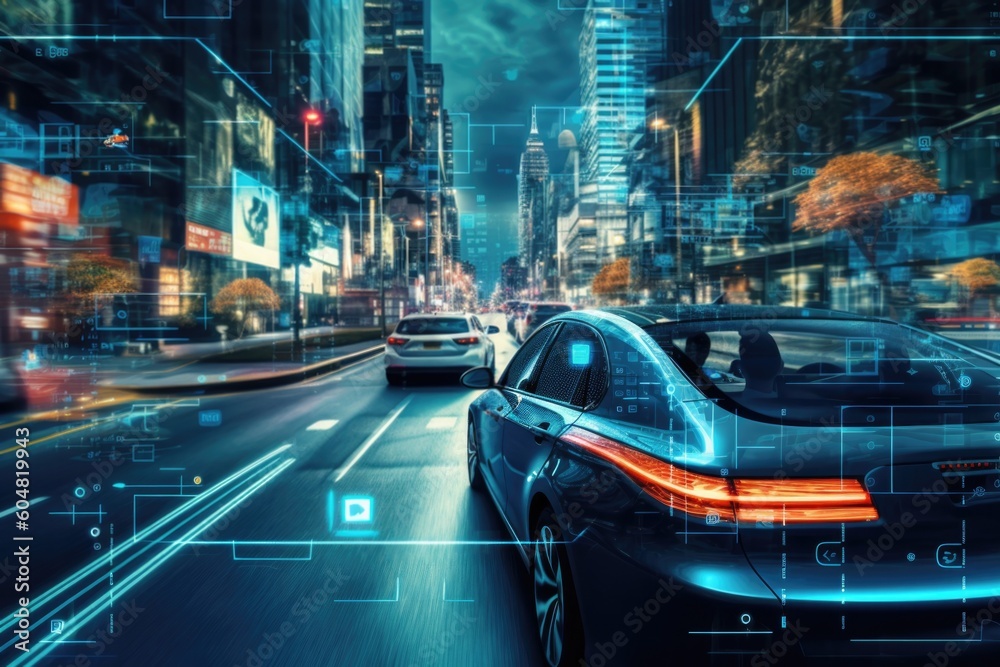 A self driving car navigating through city. Technology iot. Smart city ...