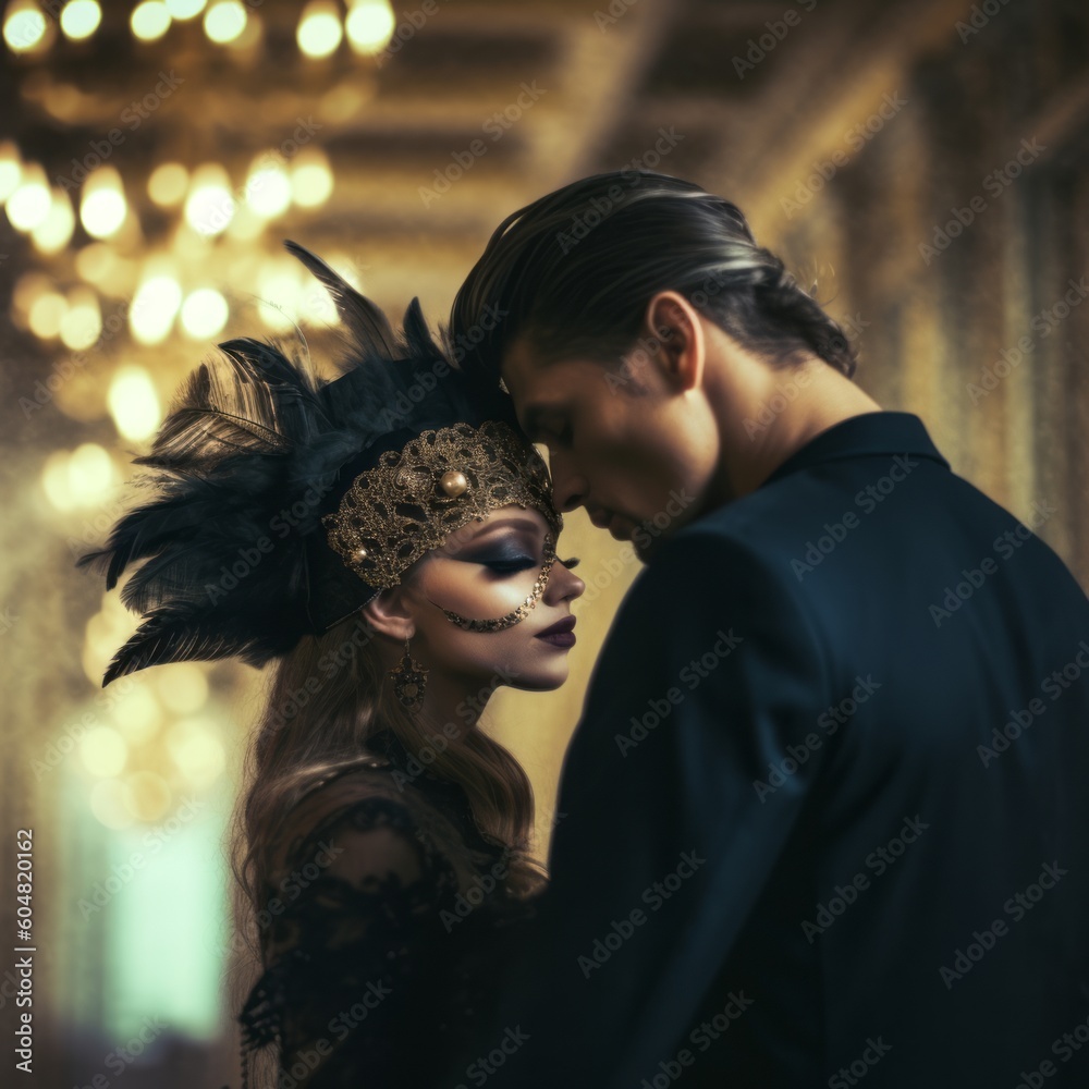 Elegant couple wearing Venetian masks at a masquerade ball, evoking the ...