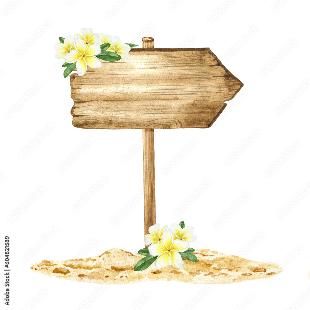 Wooden signboards. Wood board with tropical plumeria flowers and leaves ...