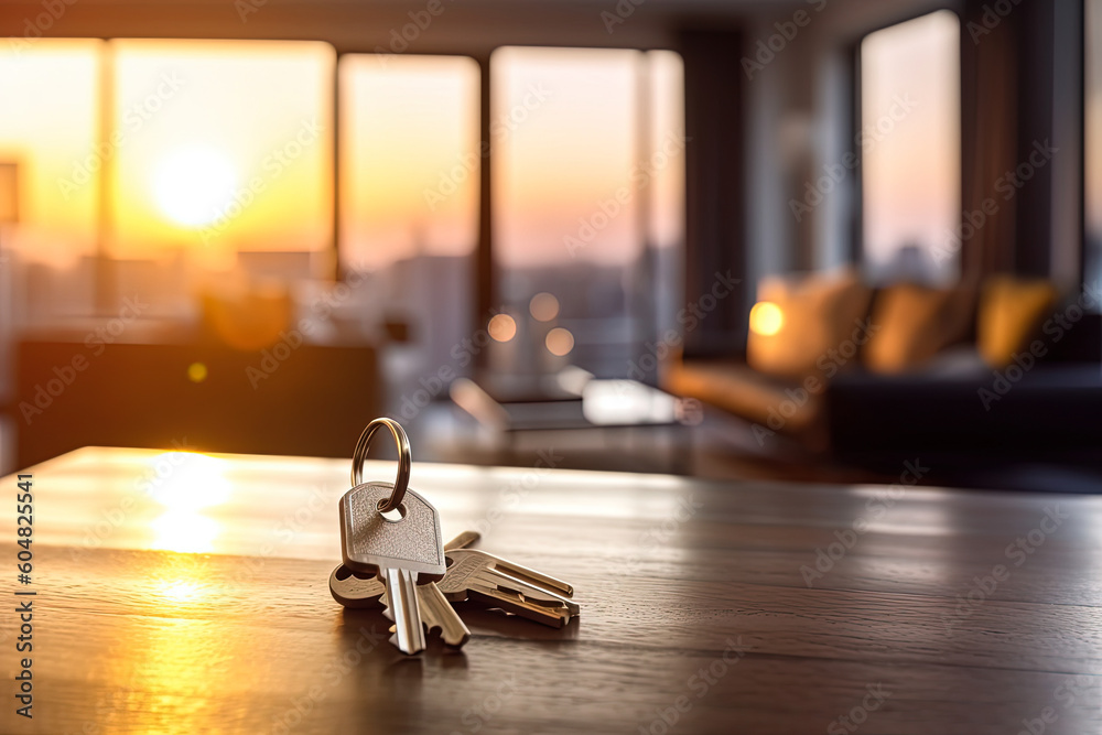 Keys on the table in new apartment against the background of sunset and ...