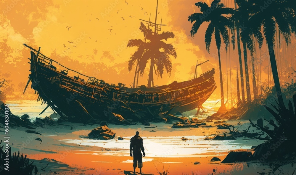 the castaway man standing on island beach with abandoned boat at sunset ...