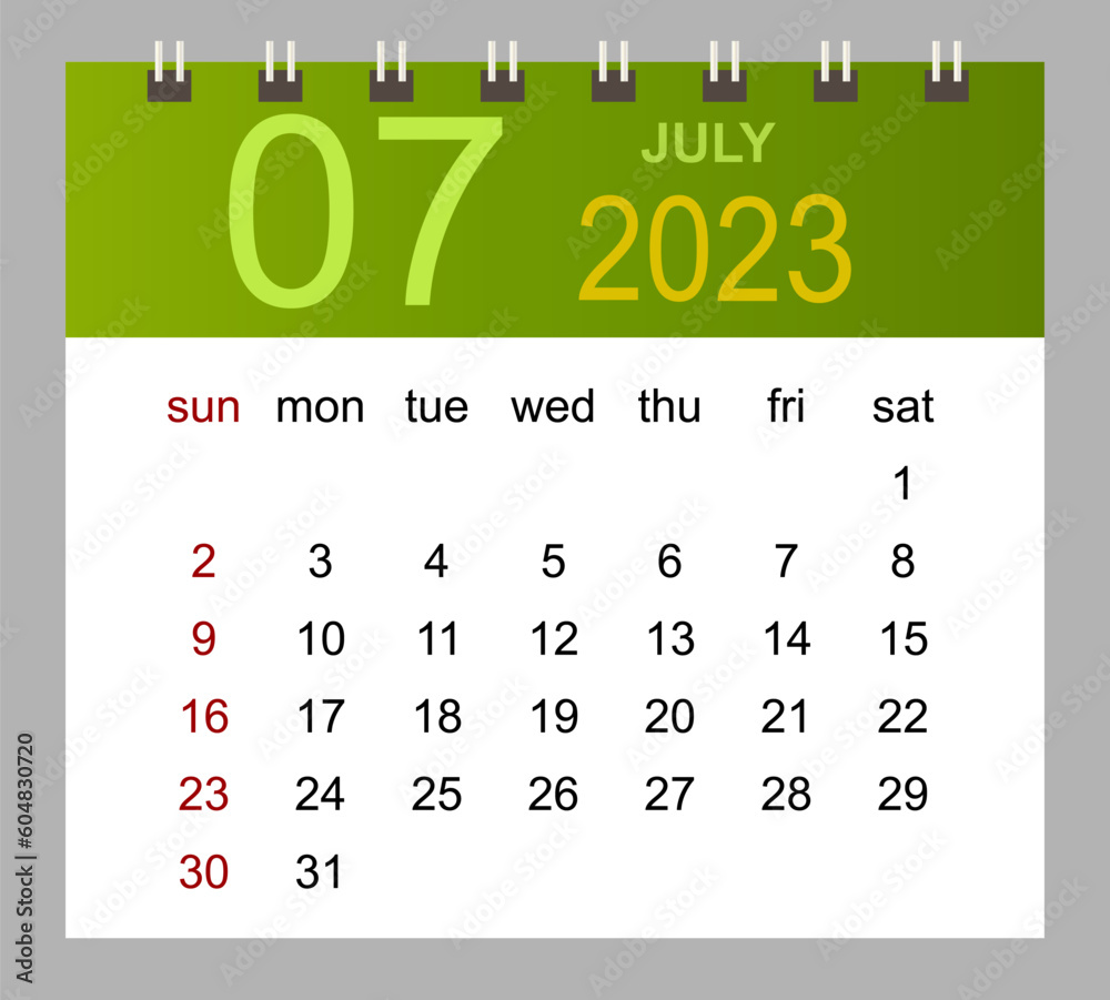 July 2023. Vector monthly calendar template 2023 year in simple style ...