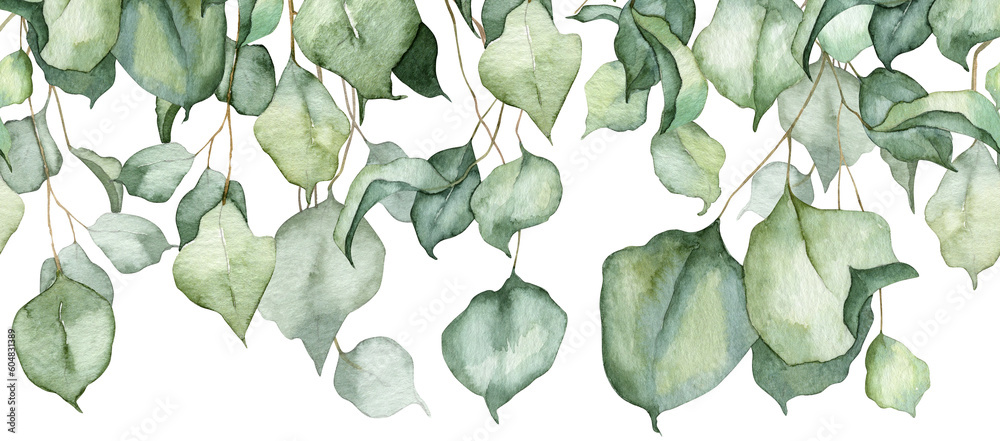 Long seamless banner with green ivy leaves hanging down. Watercolor ...