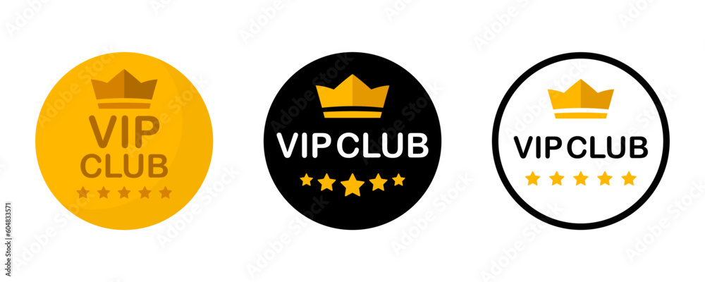 Vip club label, badge or tag. Vip club icons with crown and stars ...