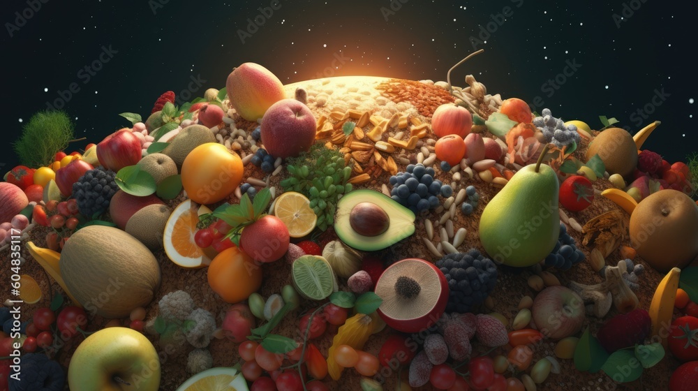 World of Good Nutrition: Digital 3D Render of Healthy Foods Orbiting a ...