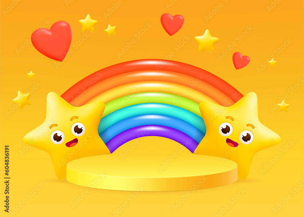 3d vector illustration of a colorful cartoon stars with a rainbow with ...