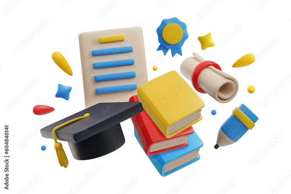 College graduation objects in cute 3d style, vector illustration ...