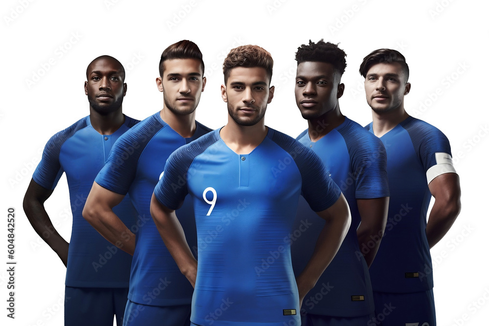 Multi ethnic Group of people young men team athlete in a blue jersey ...