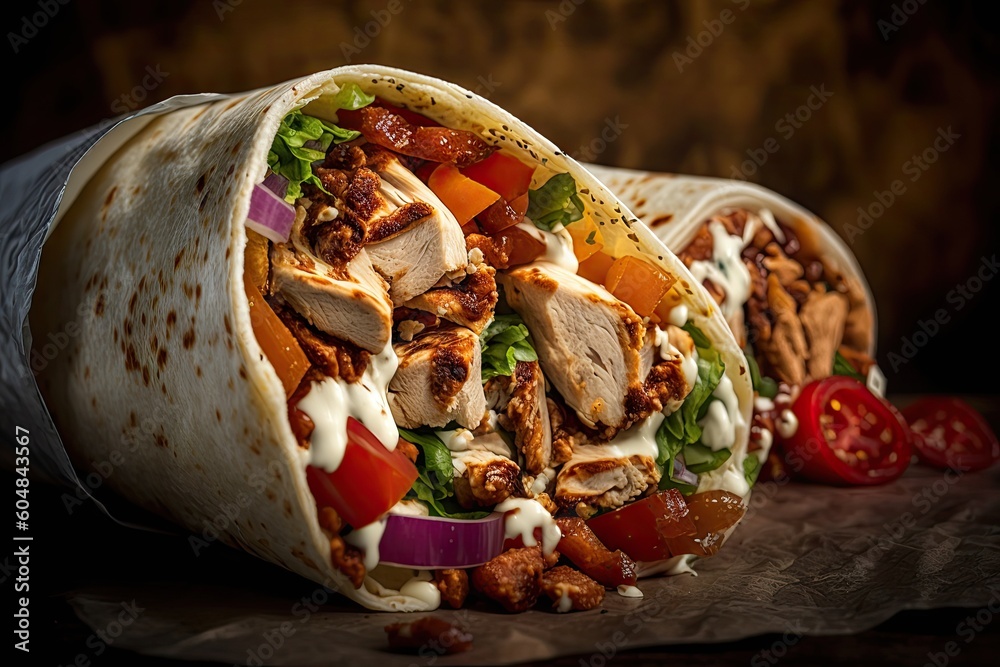 close-up of shawarma wrap, with juicy chicken and toppings visible ...