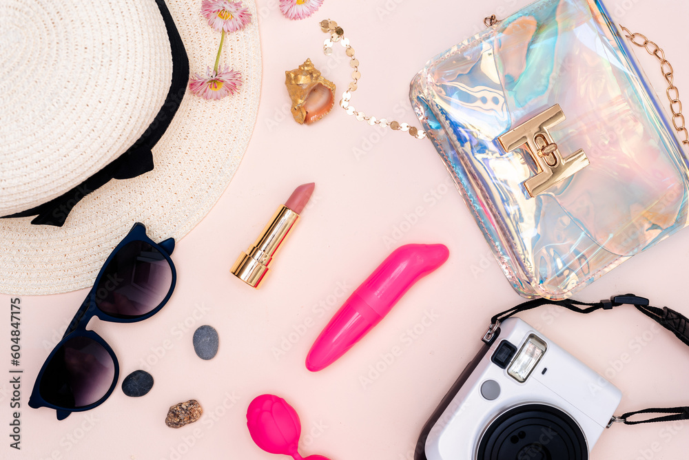 summer travel accessories. women's set of adult toys, camera, hat ...