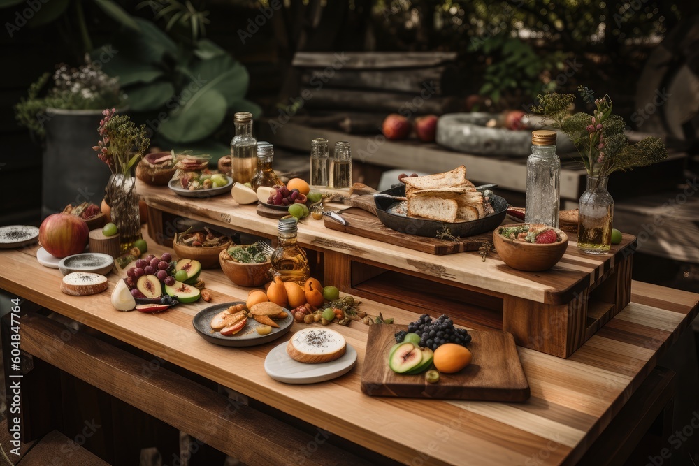 a rustic wooden table with a modern twist, topped with delicious food ...