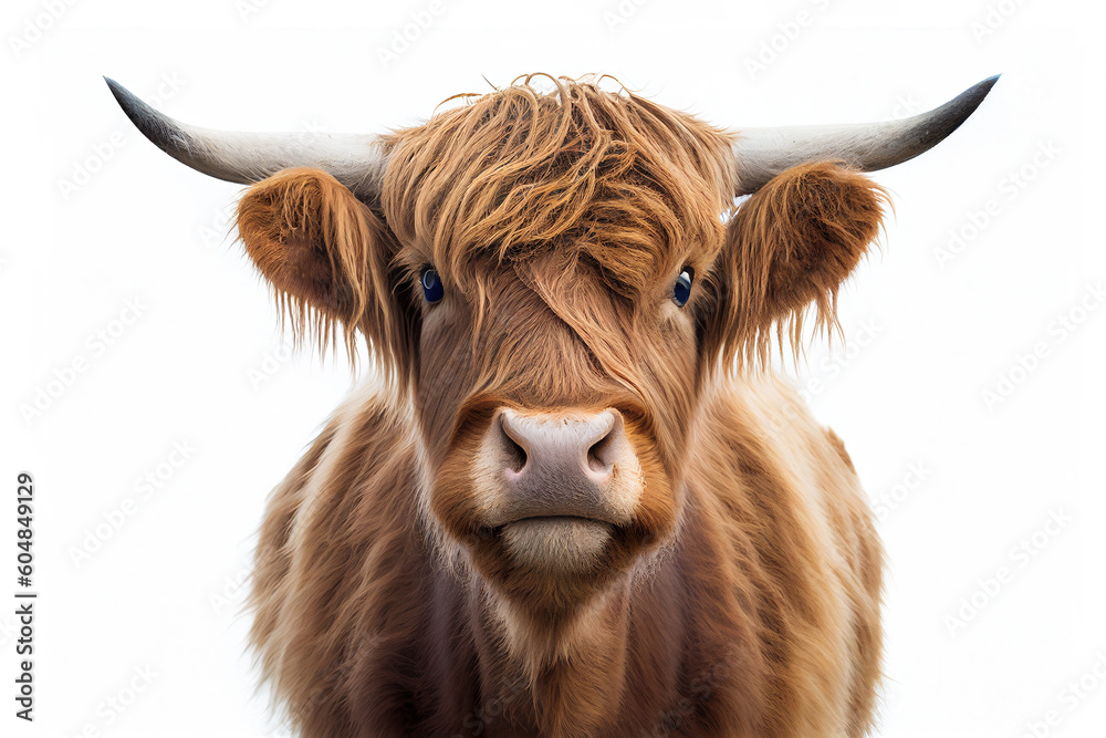 Brown hairy Highland cow, front view portrait isolated on white ...