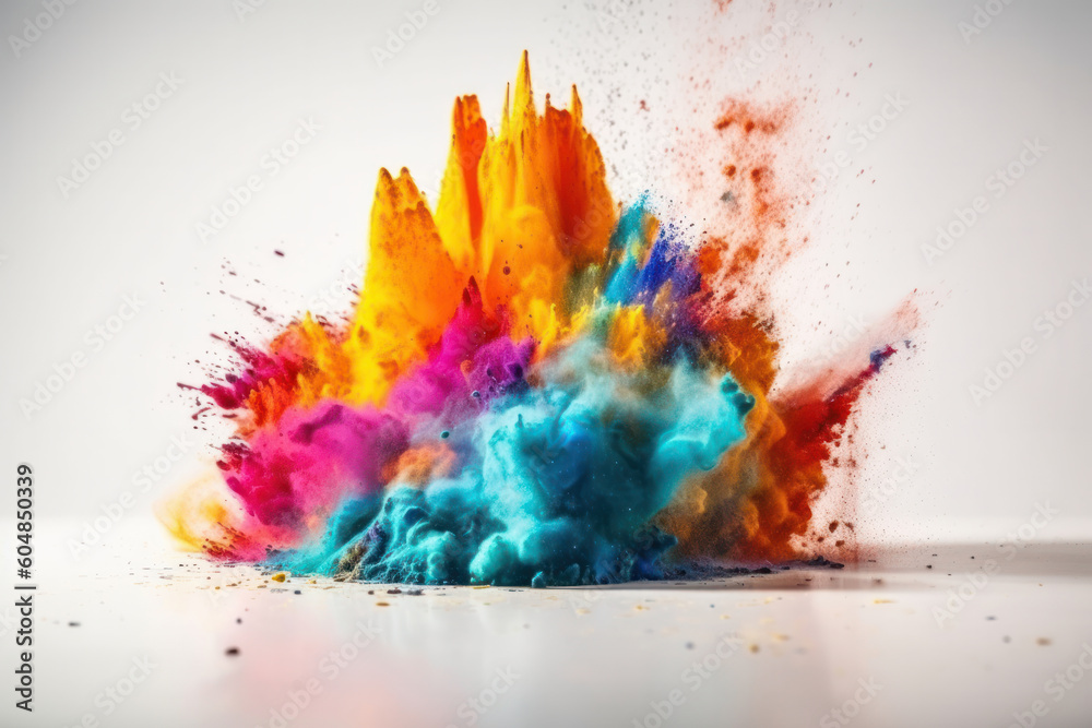 The vibrant and playful colors of a powder explosion against a white ...