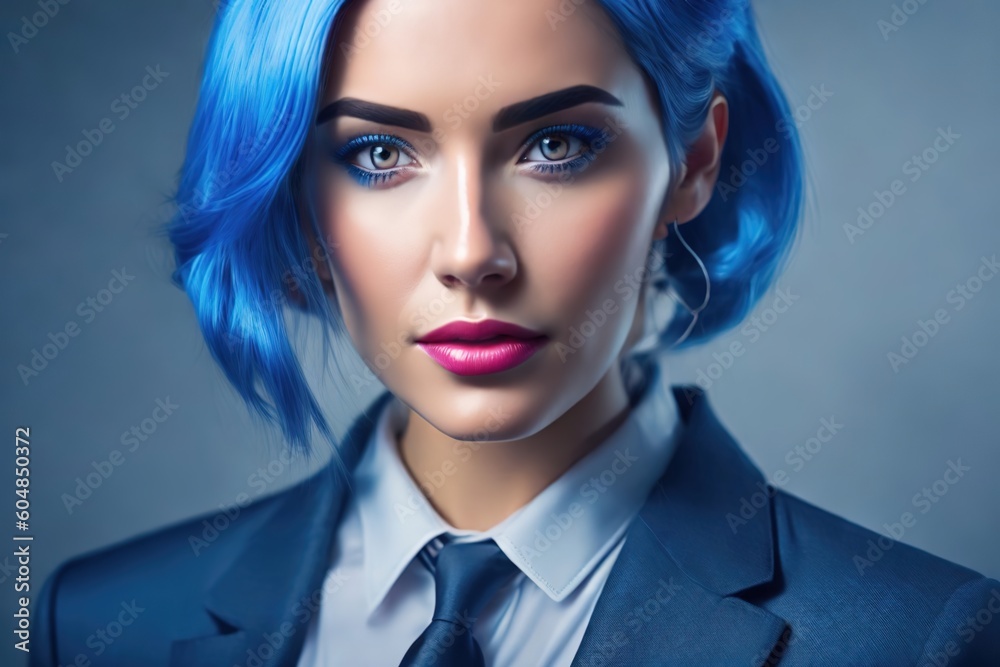 Beautiful young woman blue hair model in business suit looking at ...
