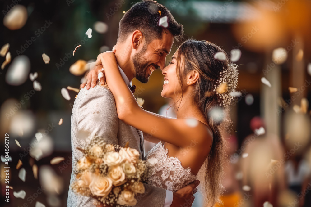 Happy wedding photography of bride and groom at wedding. Smiling couple ...