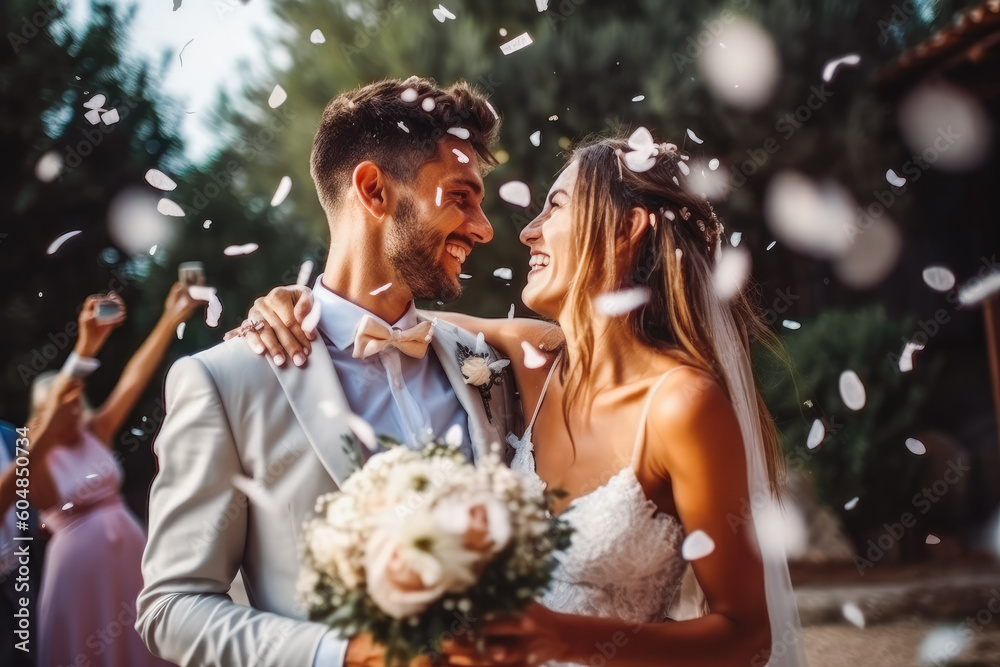 Happy wedding photography of bride and groom at wedding. Smiling couple ...