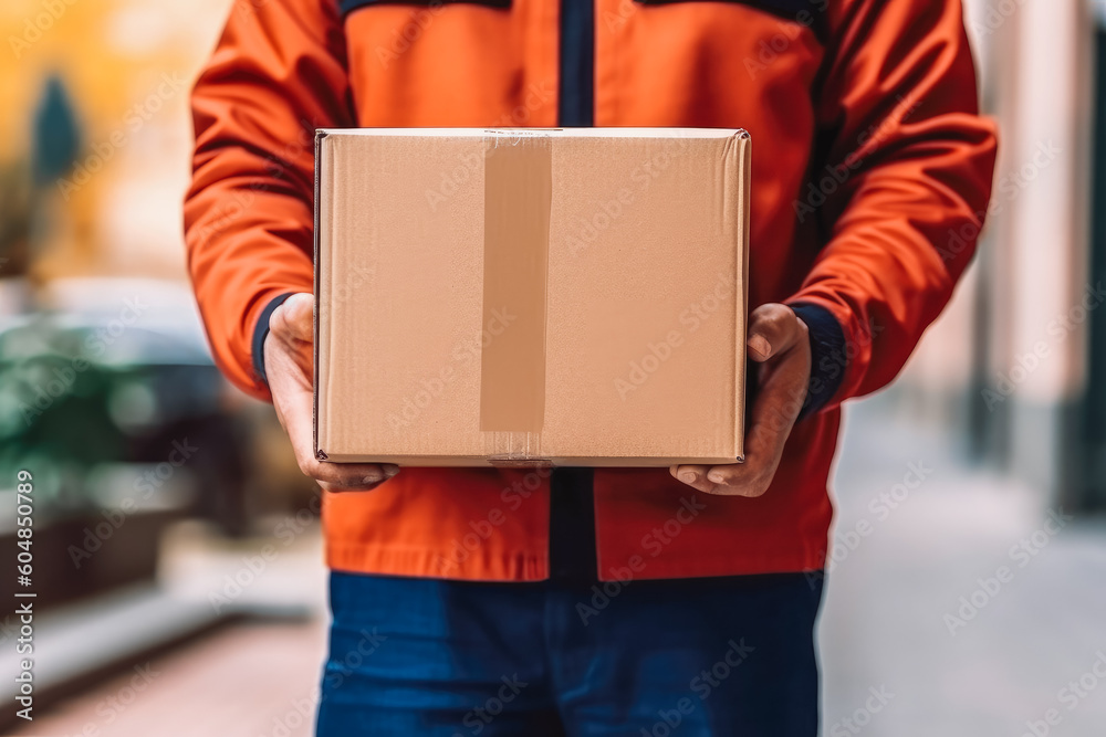 Delivery man delivering a parcel box to customer. Postman holding a ...