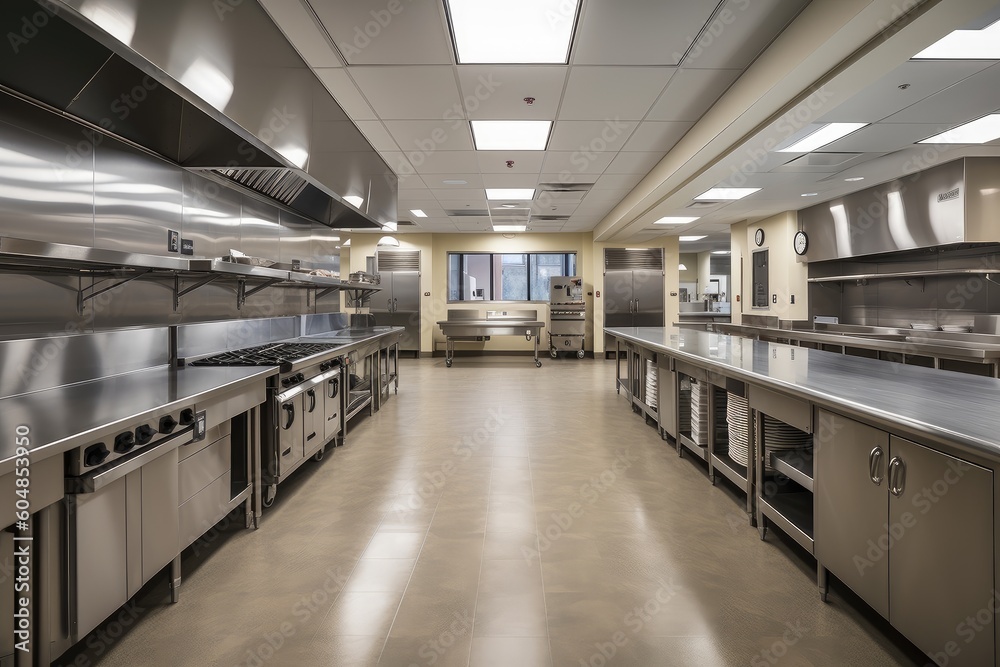 hospital cafeteria kitchen, with industrial appliances and sleek design ...