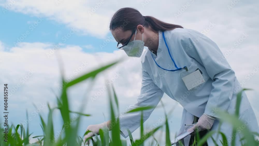 Botanist scientist analyzing plant crop making notes in a journal ...