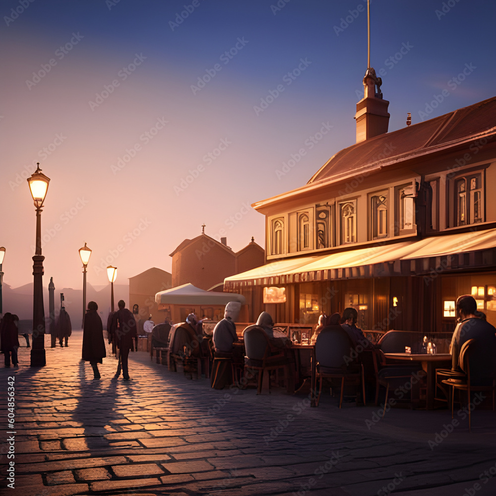 Cozy magical street café at night. Warm glow over patrons relaxing at ...