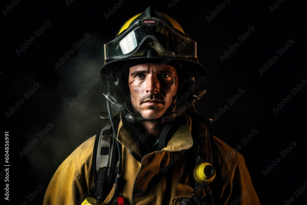 Brave firefighter in gear, an oxygen mask adorns his face. His pose is ...