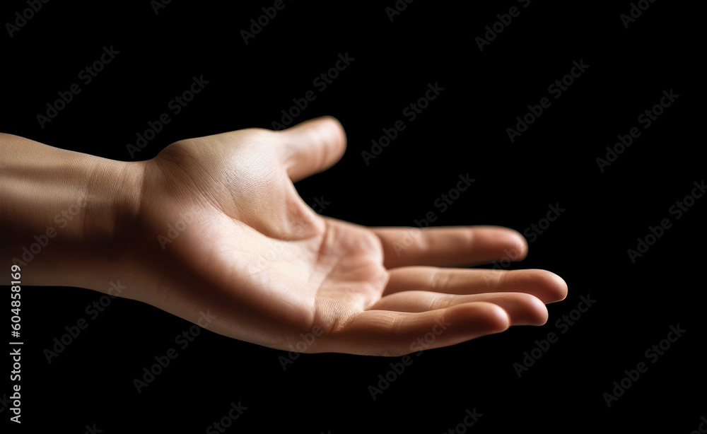 Human hand with an open palm, reaching out isolated on black background ...