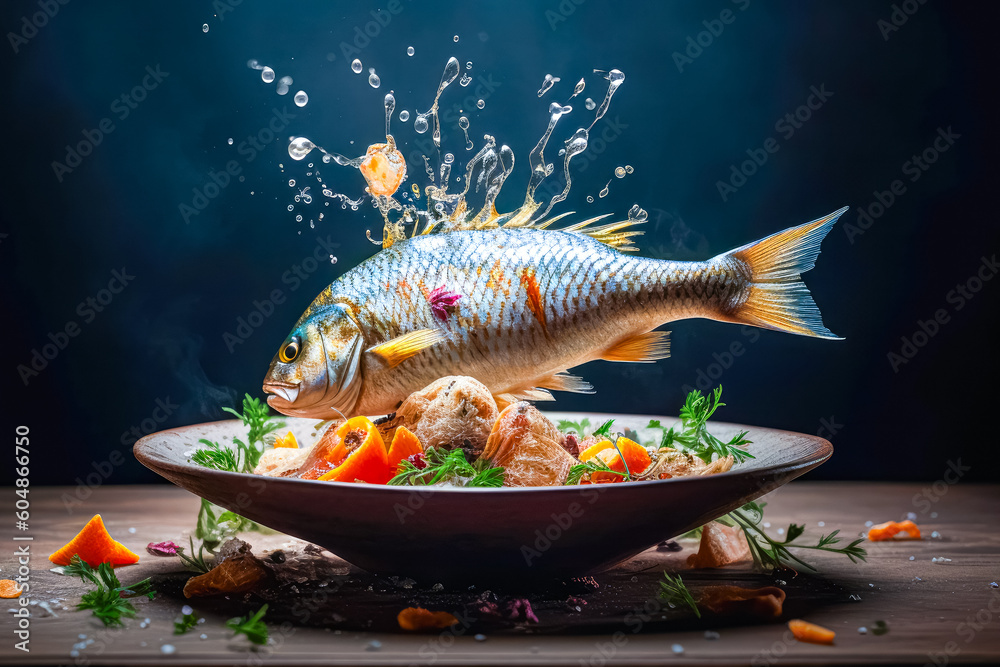 Antigravity fish fly over dish with water on black background. Modern ...