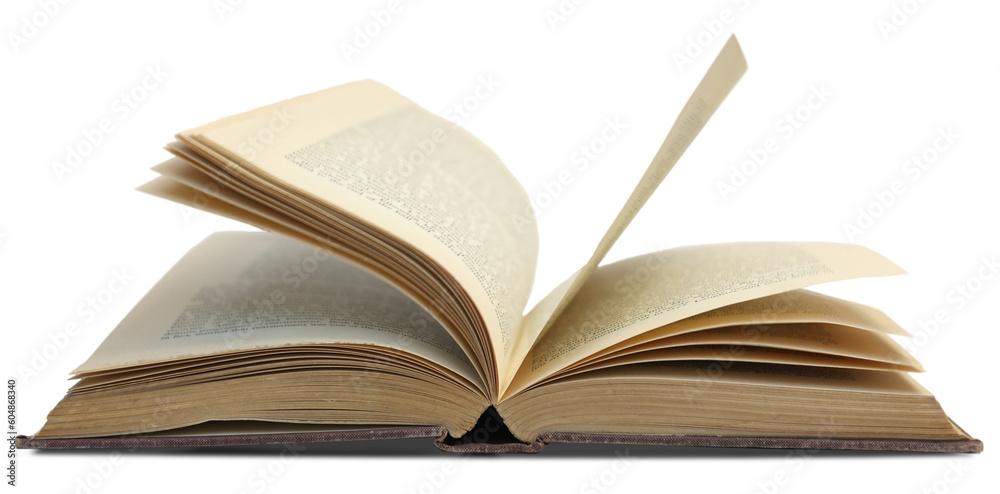 An old vintage open book from the side view isolated on white ...