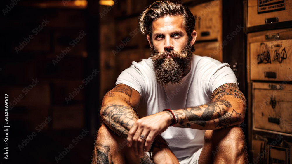 A rugged, bearded man exudes strength, his tattooed arm a testament to ...