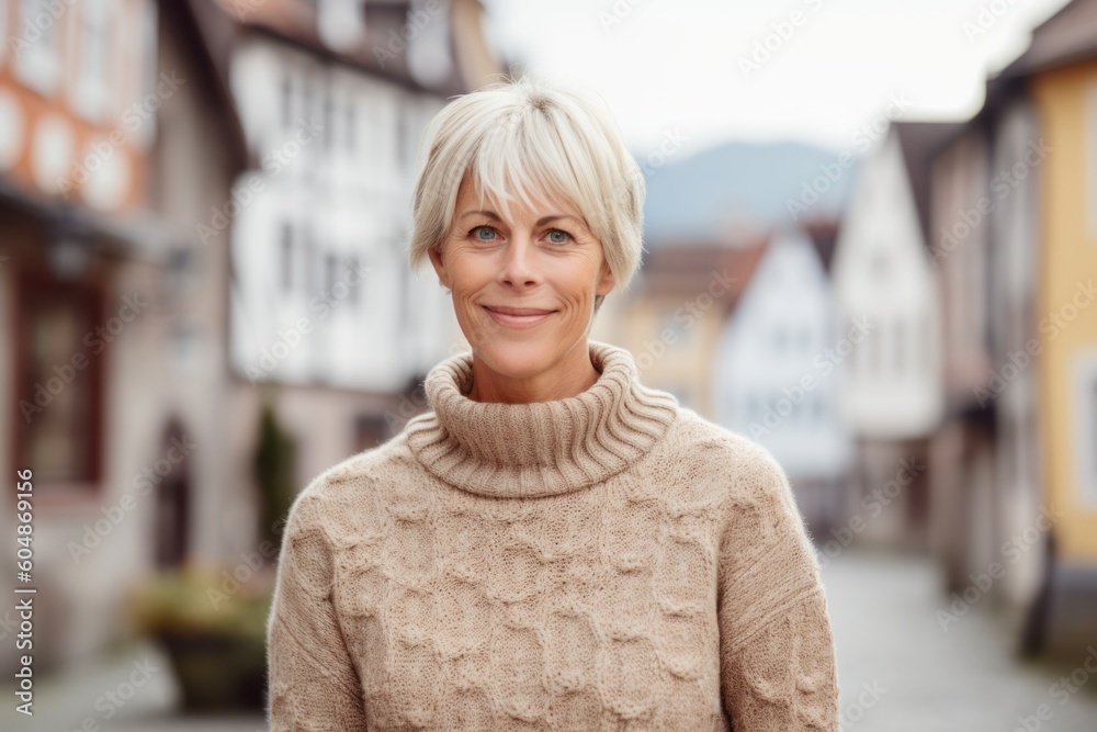 Close-up portrait photography of a glad mature woman wearing a cozy ...