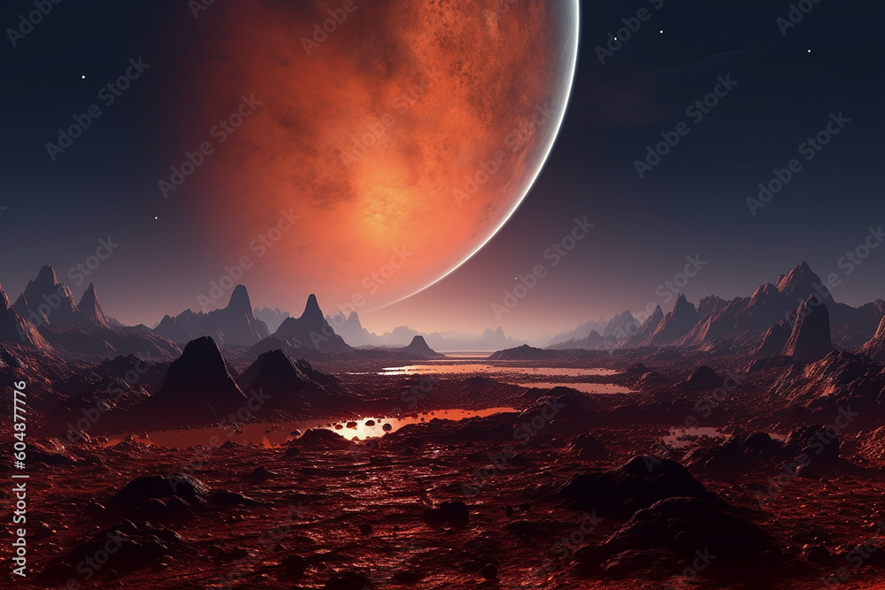 Red planet surface in outer space and another planet on the horizon. AI ...