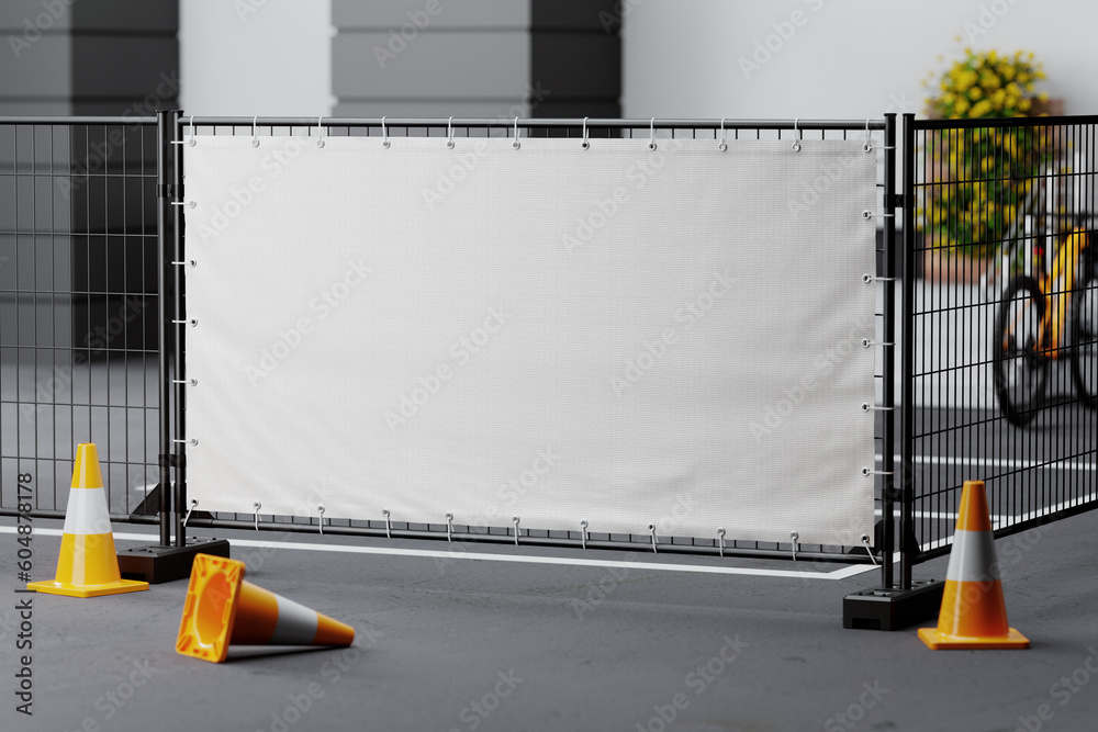 Poster Advertising banner on a metal fence with traffic cones mockup ...