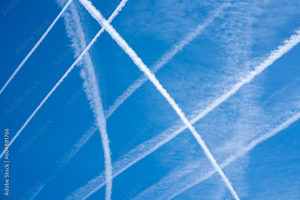 Cloudscape showing trailsl left by airplanes ft by aircraft or with the ...