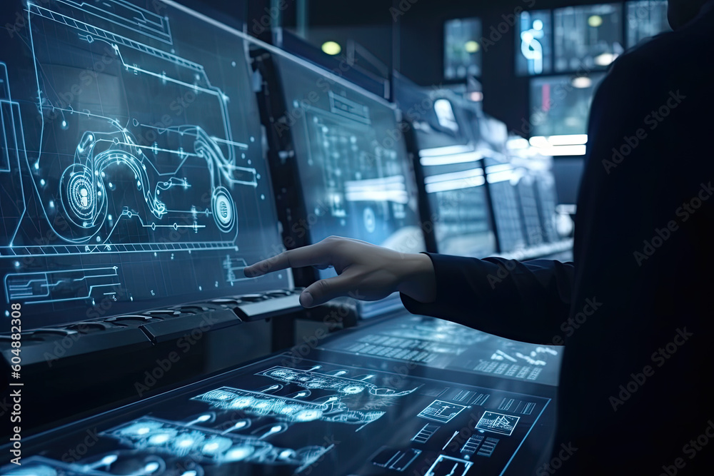 Engineer operator controls modern equipment at smart visual interface ...