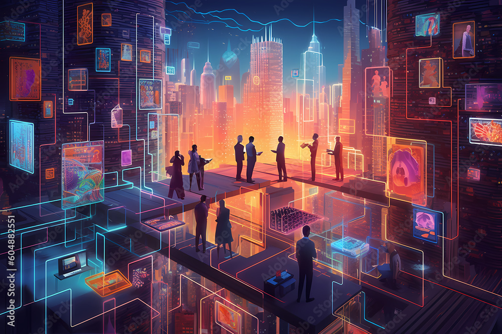 Futuristic business scene showcasing a diverse group of professionals ...