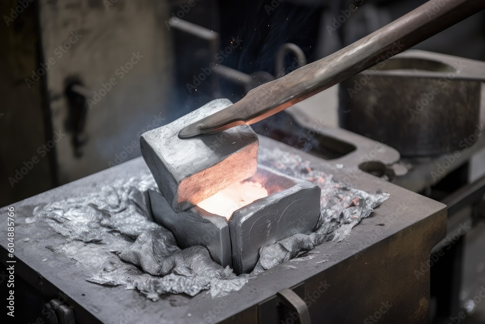 Poster aluminium ingot being forged into shape with hammer and anvil ...
