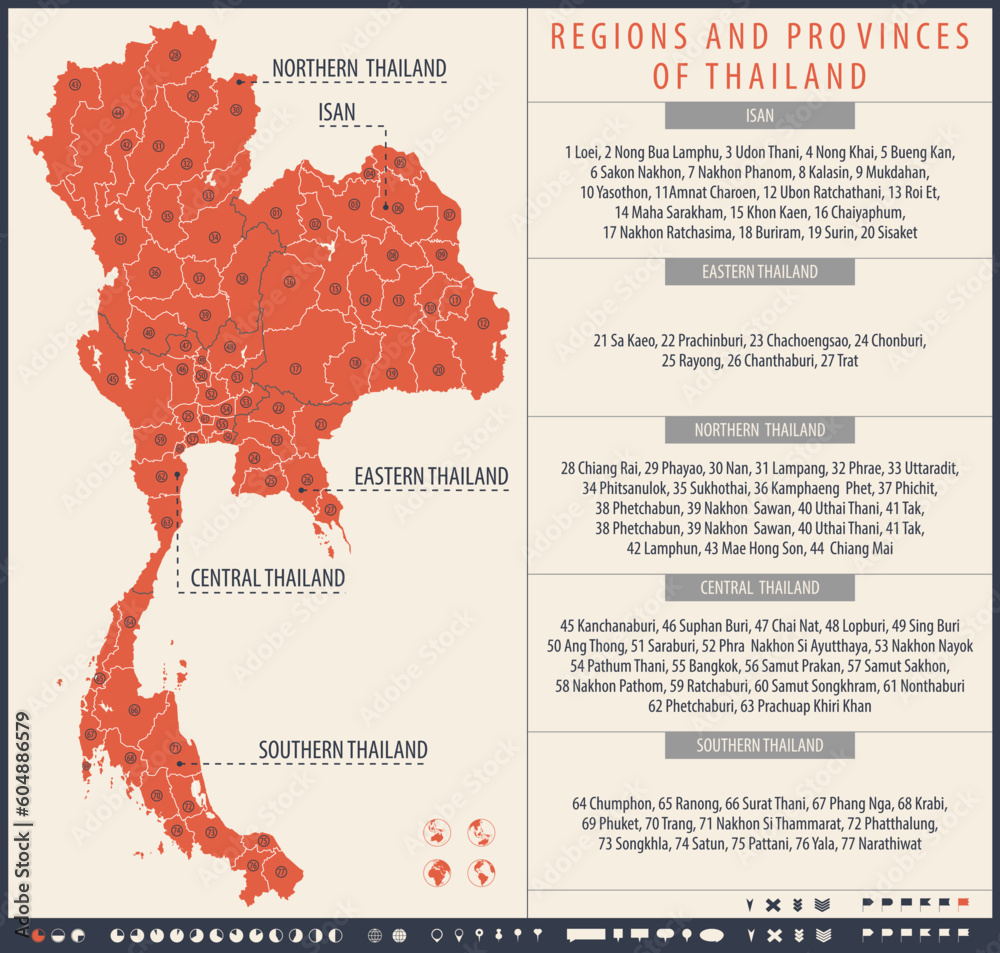 Infographic map of Thailand with administrative division into regions ...